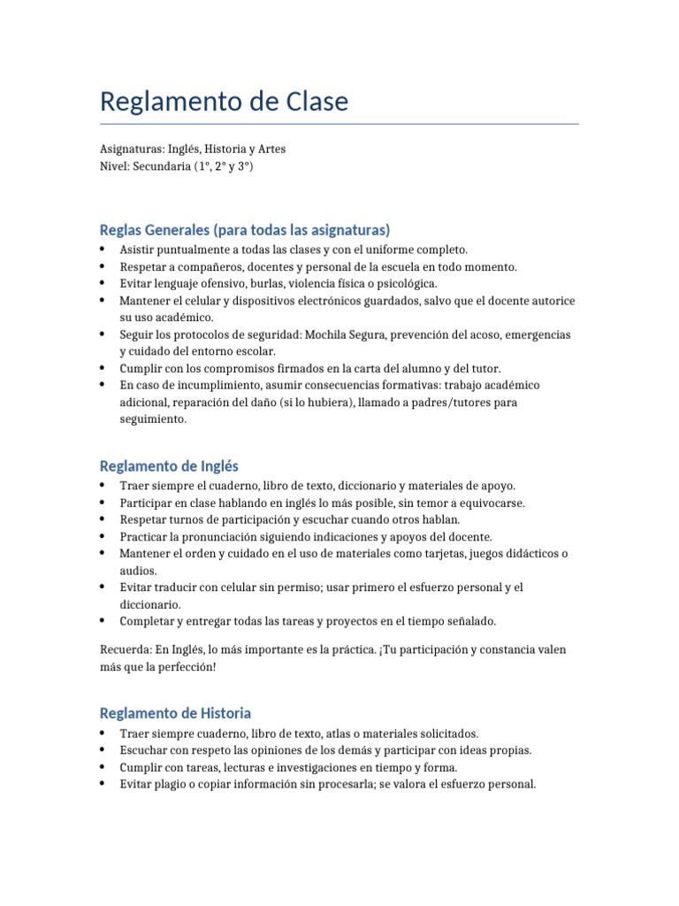 Reglamento de Clase para Secundaria | PDF | Escuelas | Aprendizaje