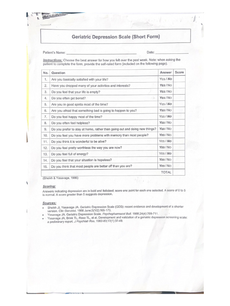 Geriatric Depression Scale Short Form | PDF