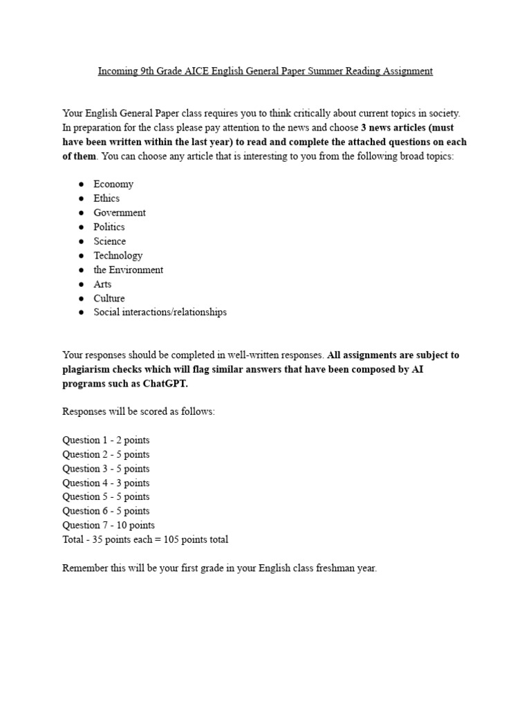 Incoming 9th Grade, AICE General Papers, Summer Reading | PDF