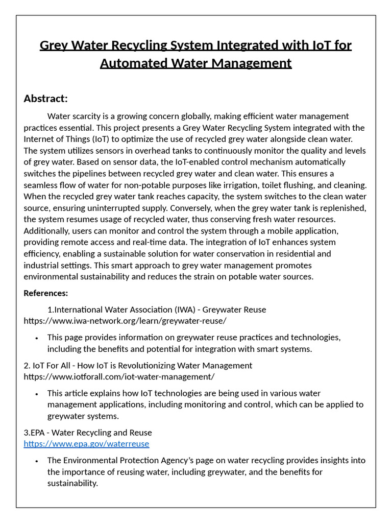 Grey Water Recycling System Integrated With IoT For Automated Water ...