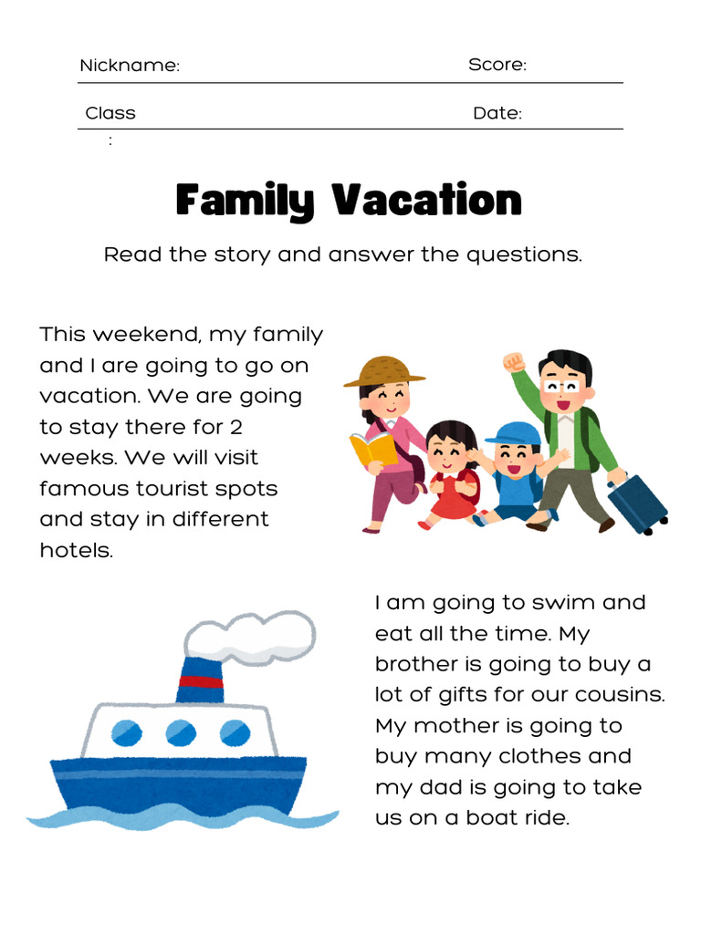 Family Vacation Reading Comprehension Worksheet in White Printable ...