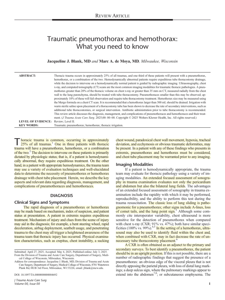 Management of Traumatic Pneumothorax | PDF | Major Trauma | Thorax