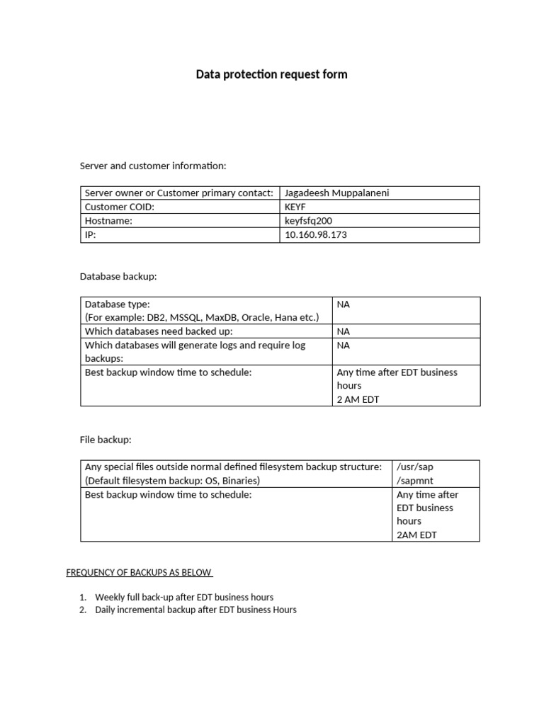 Data Protection Request Form for Backups | PDF