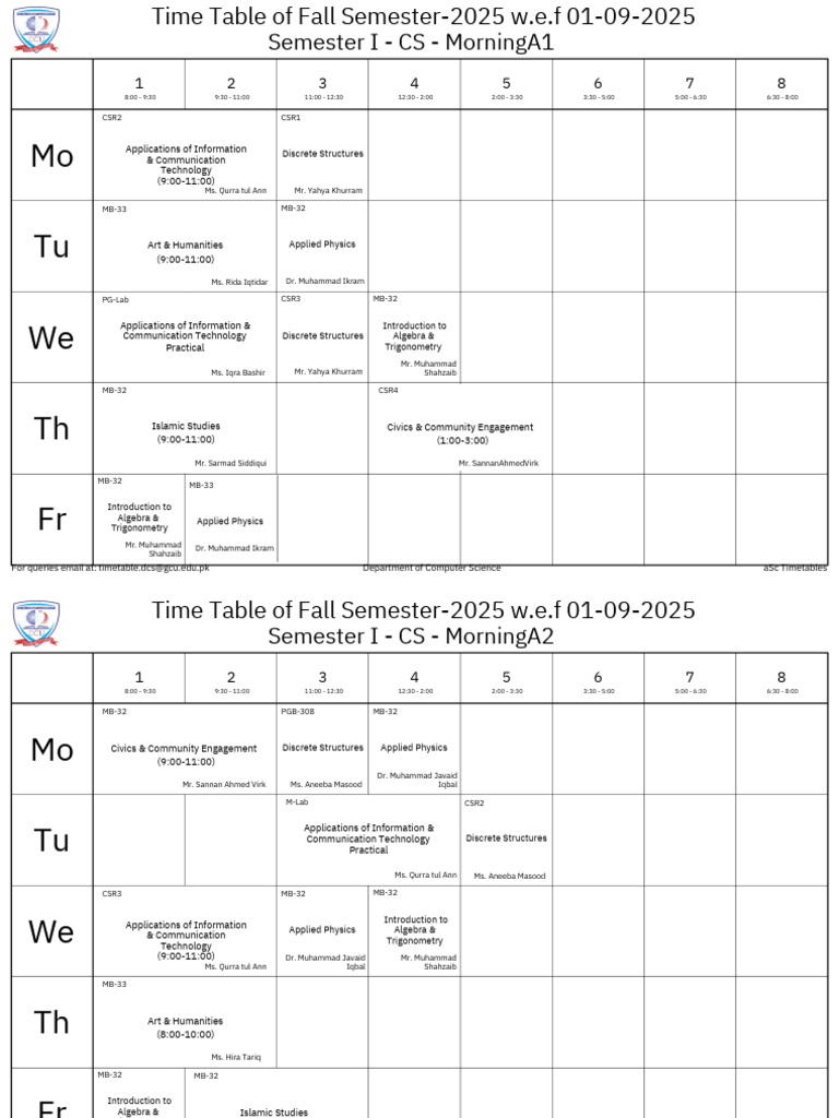 Bscs Semester-I Time Table | PDF