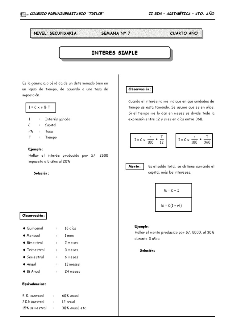 4to. Año - ARIT - Guia 7 - Interes Simple | PDF | Economias | Finanzas (general)