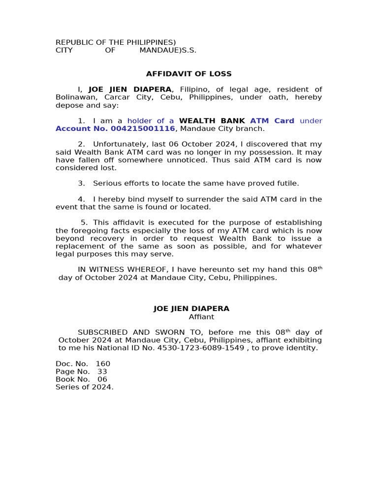 JOE JIEN DIAPERA Re Wealth Bank Atm | PDF