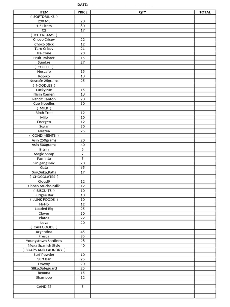 Grocery Price List and Items | PDF