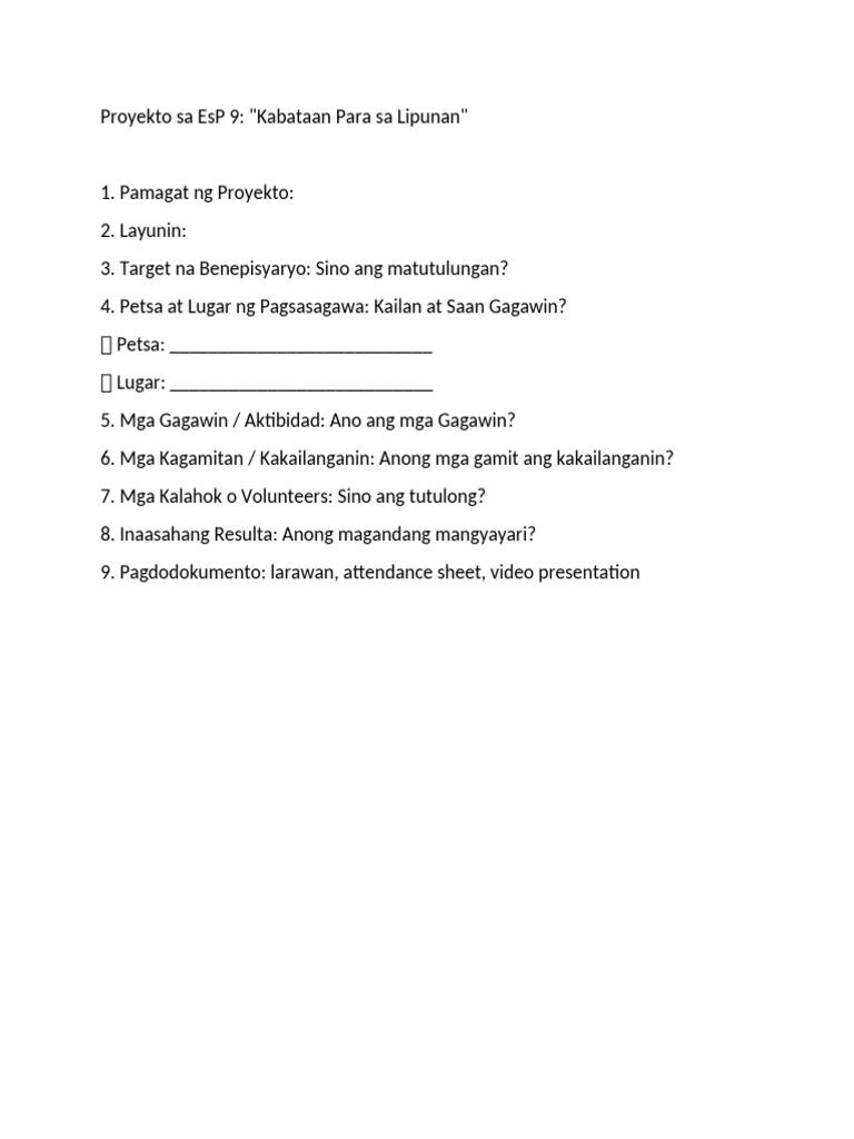 Proyekto Sa EsP 9-Unang Markahan | PDF