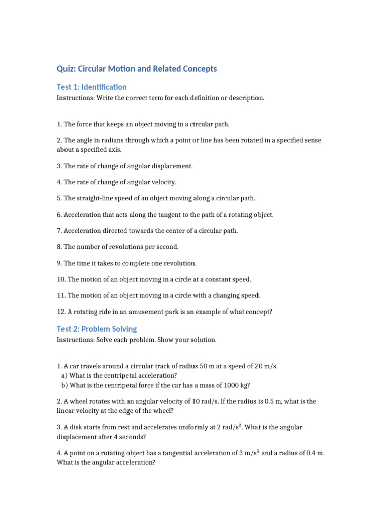 Circular Motion Quiz and Problems | PDF