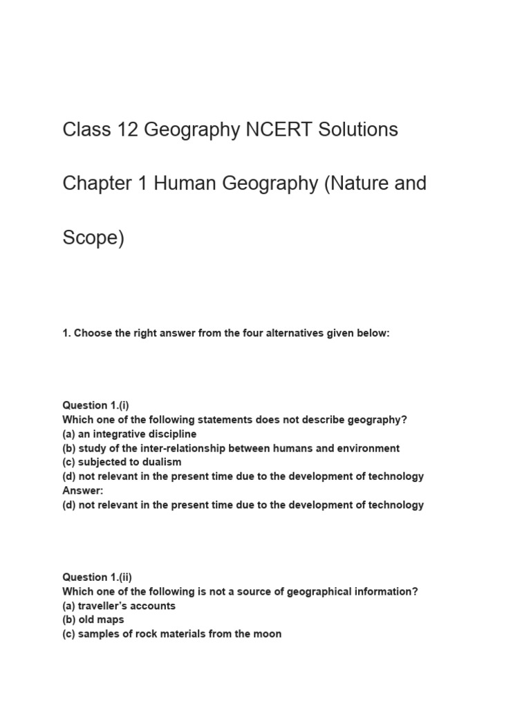 Class 12 Geography NCERT Solutions Chapter 1 Human Geography (Nature and Scope) | PDF ...