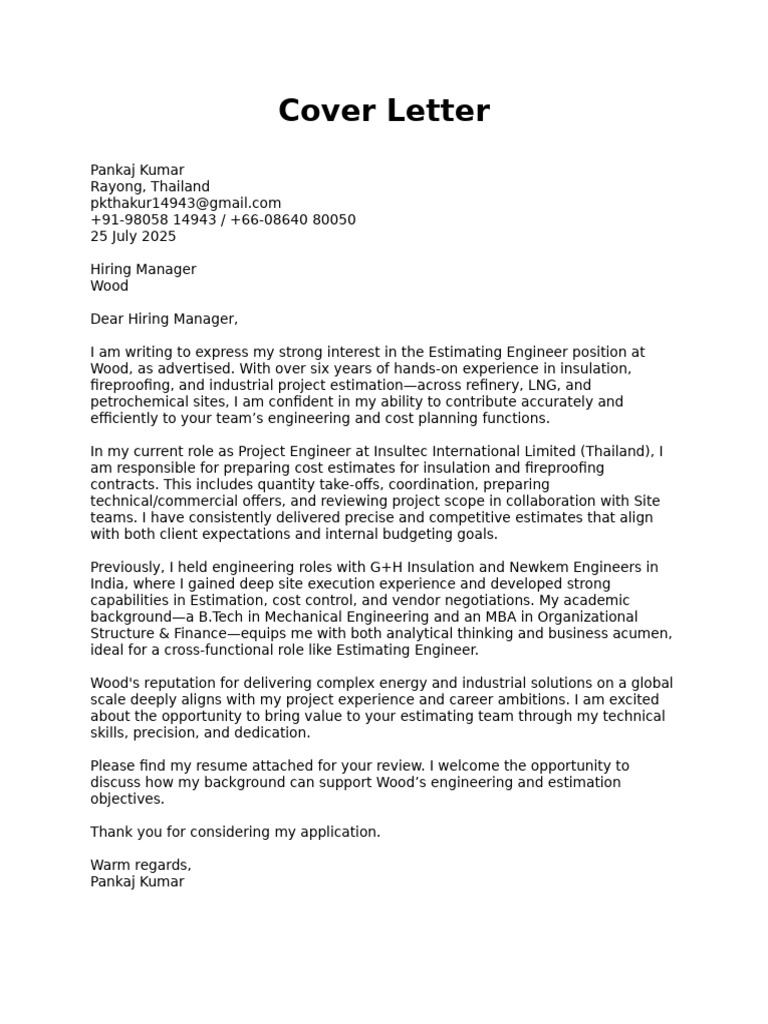 Pankaj Kumar - Cover Letter | PDF