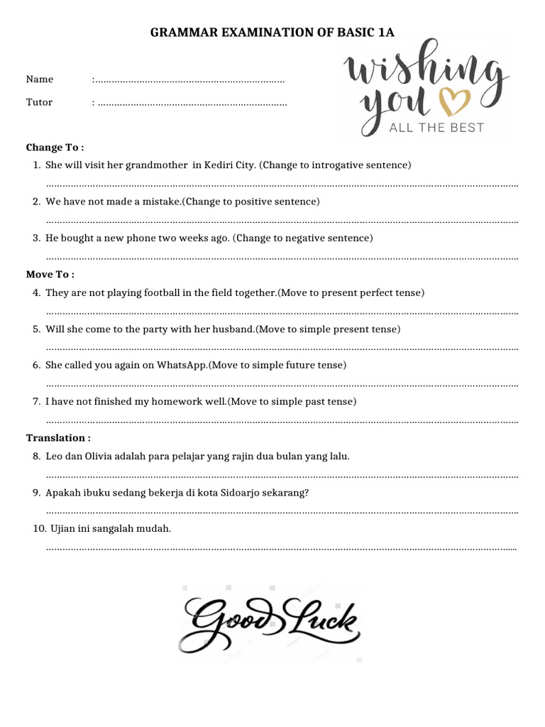 Basic Grammar Examination 1A | PDF