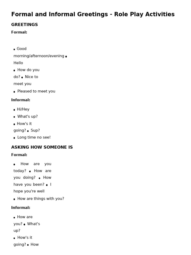 Greetings and Role Play Scenarios | PDF