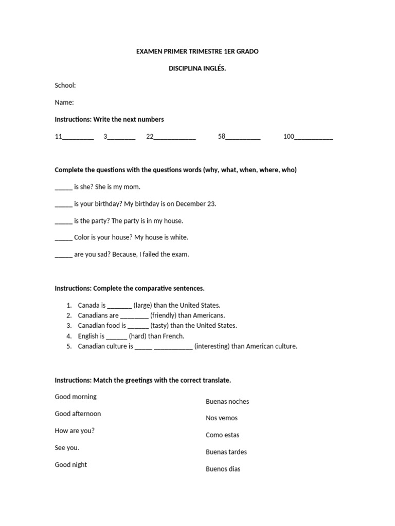 Examen Primer Trimestre 1er Grado Pdf