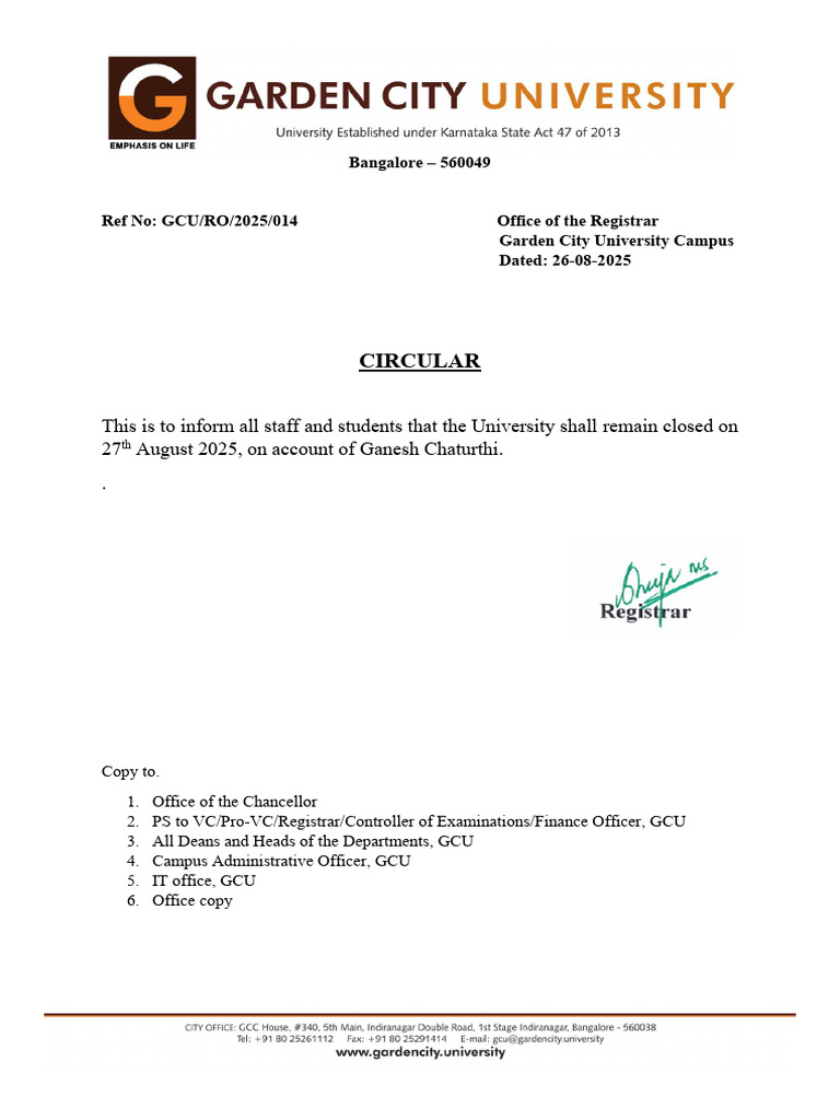 Holiday Circular GCURO2025014 | PDF