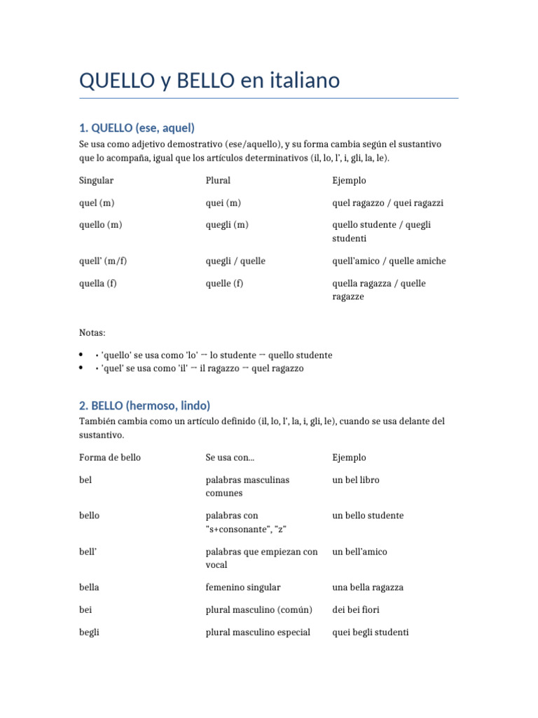 Uso de QUELLO y BELLO en italiano | PDF