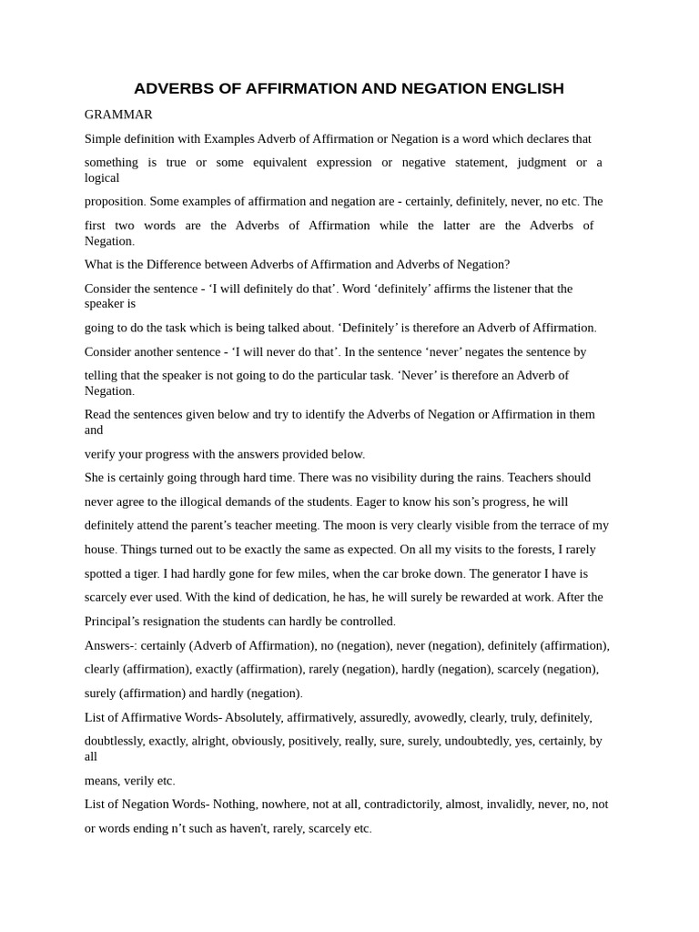 Adverbs of Affirmation and Negation English | PDF | Adverb | Sentence ...