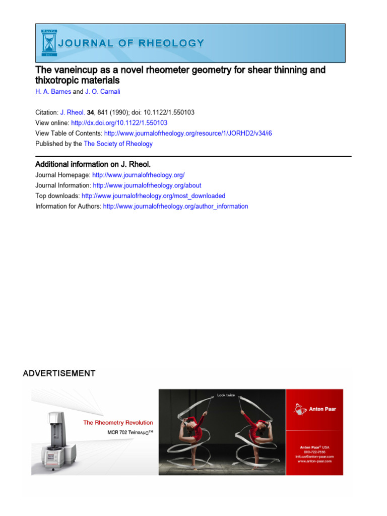 BARNES, 1990 - The Vane in Cup As A Novel Rheometer Geometry For Shear ...