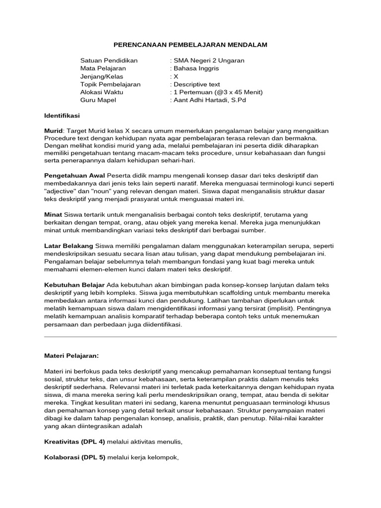 Perencanaan Pm_bahasa Inggris_kls X_descriptive Text | PDF