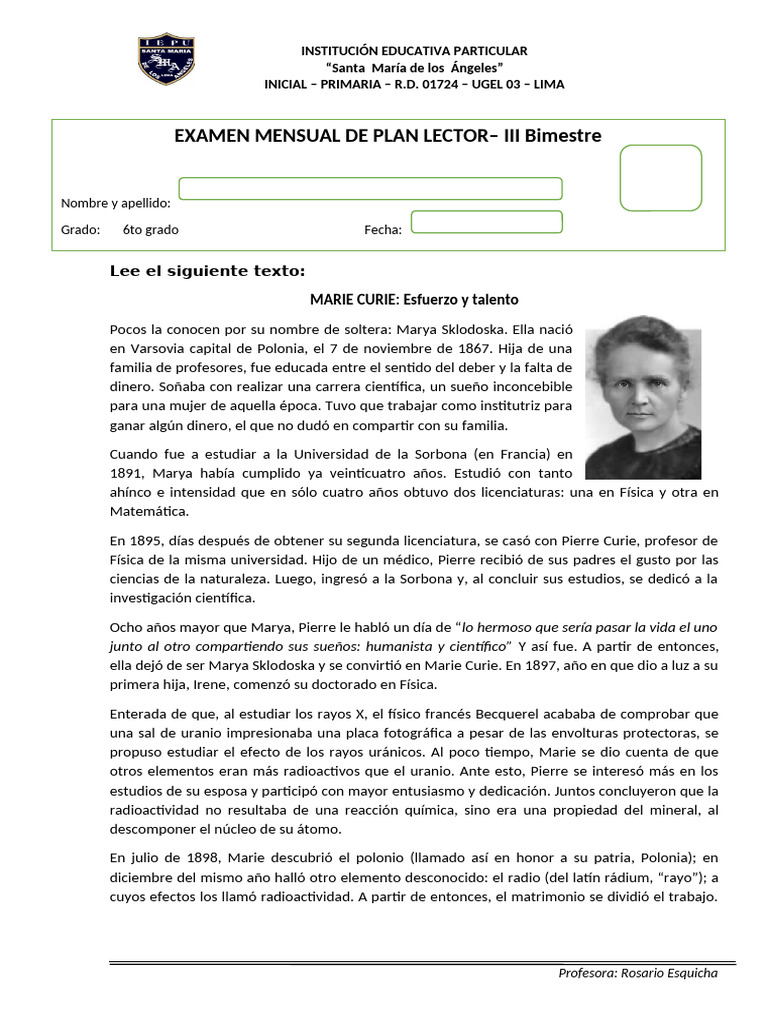 Examen Mensual Plan Lector 6to Grado III Bimestre | PDF ...