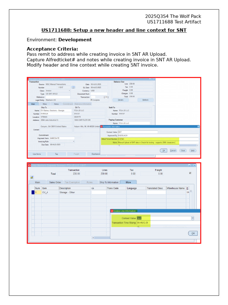 US1711688 - Setup A New Header and Line Context For SNT - Test - Docx | PDF