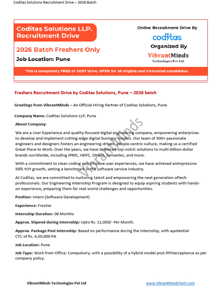 Coditas Recruitment Drive - Intern (Software Development) 2026 Batch ...