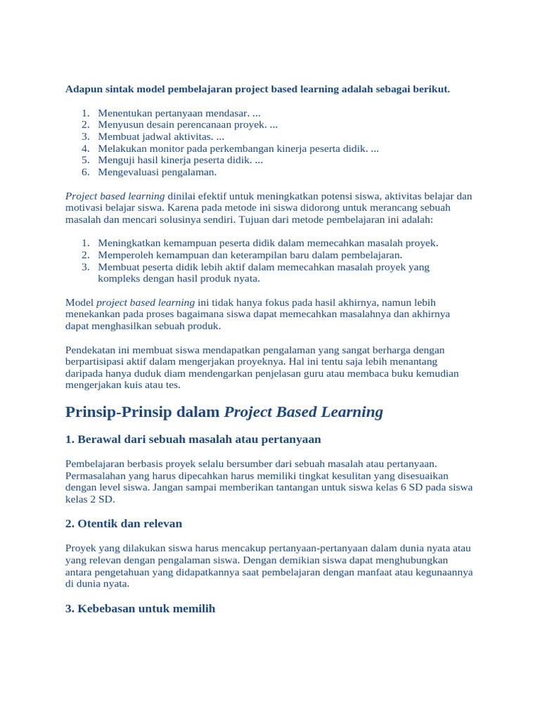 Adapun Sintak Model Pembelajaran Project Based Learning Adalah Sebagai ...