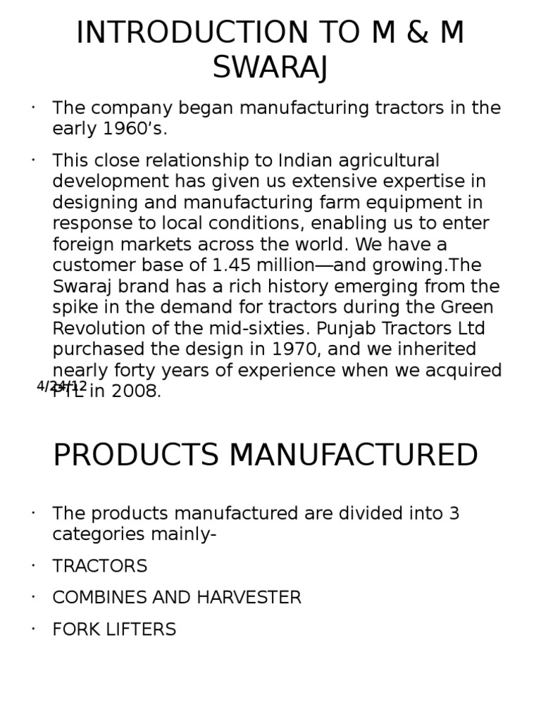 Introduction To M & M Swaraj | PDF | Safety | Tractor