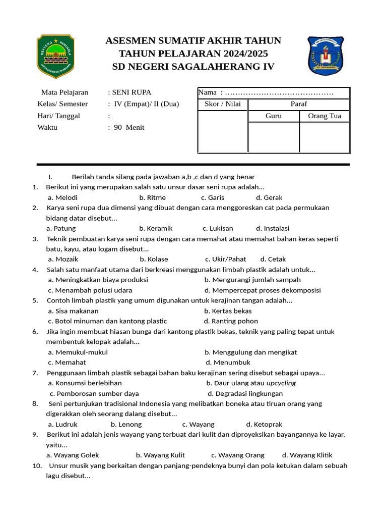 ASESMEN SUMATIF AKHIR TAHUN SENI RUPA DAN BUDAYA TAHUN PELAJARAN 2024 | PDF