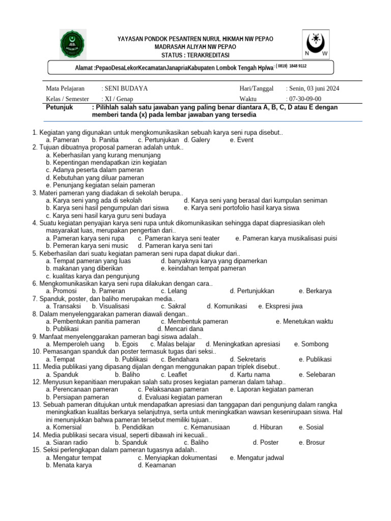 Soal Senibudaya Kls Xi Genap 2024 | PDF