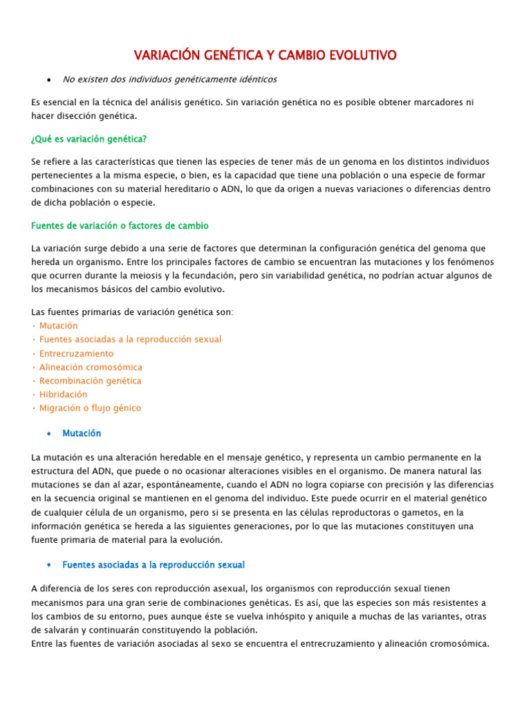Resumen Variación Genética y Cambio Evolutivo | PDF | Mutación | Evolución
