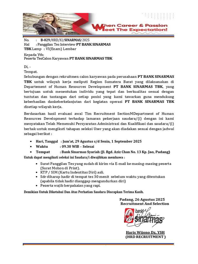 Panggilan Tes Interview Bank Sinarmas Padang | PDF
