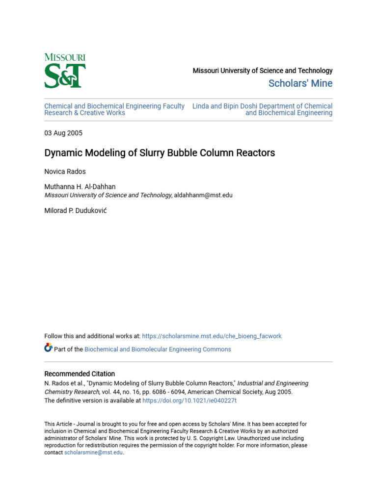 Dynamic Modeling of Slurry Bubble Column Reactors | PDF | Chemical Reactor | Gases