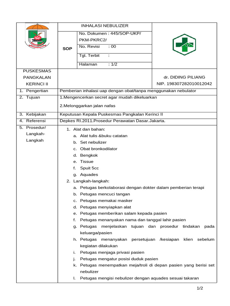 Prosedur Inhalasi Nebulizer Puskesmas | PDF