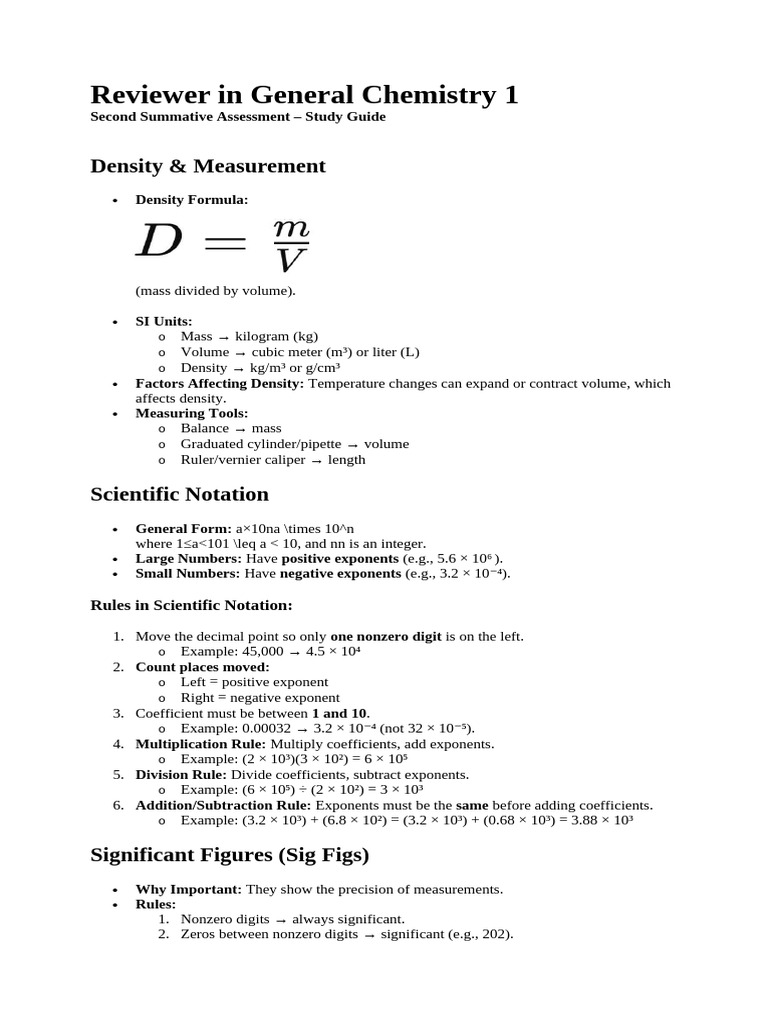 Chemistry 1 Study Guide: Density & Notation | PDF | Density | Volume