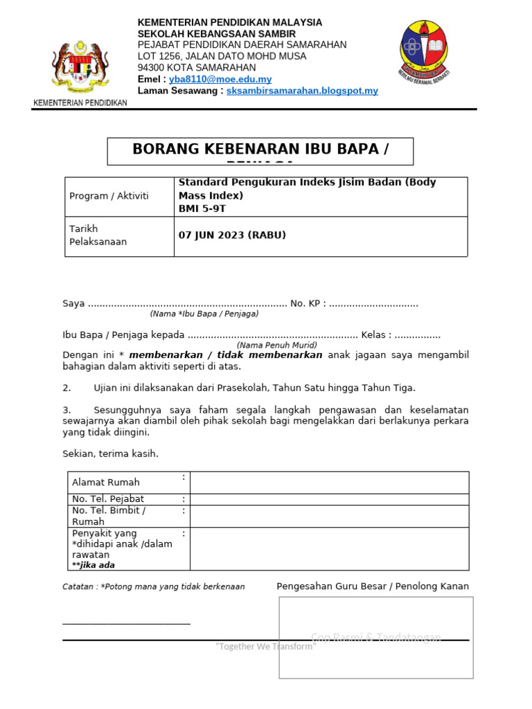 Borang Kebenaran Aktiviti BMI dan SEGAK | PDF