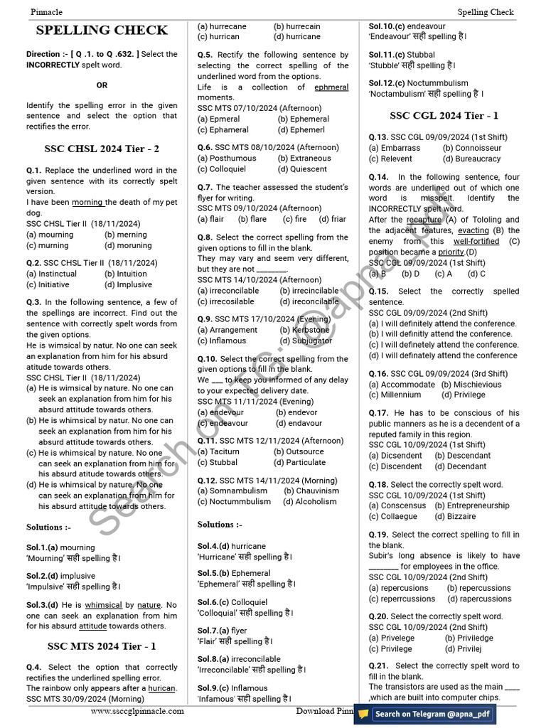 SSC CHSL & CGL Spelling Practice | PDF
