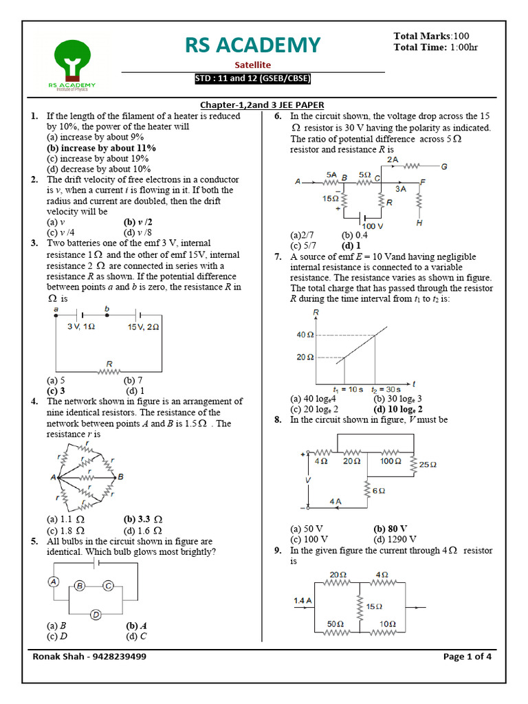 Chapter-1,2,3 JEE - Paper - Answer - Key | PDF | Voltage | Capacitor