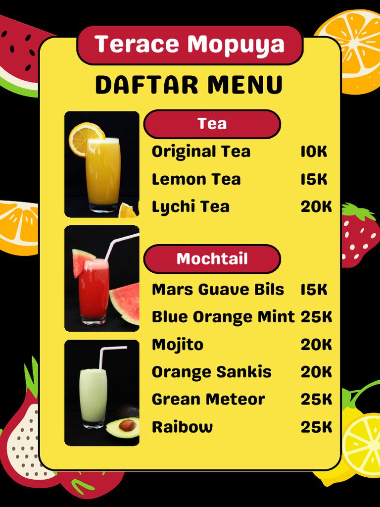 Hitam Kuning Ilustrasi Daftar Menu Jus Buah Dokumen A4 | PDF