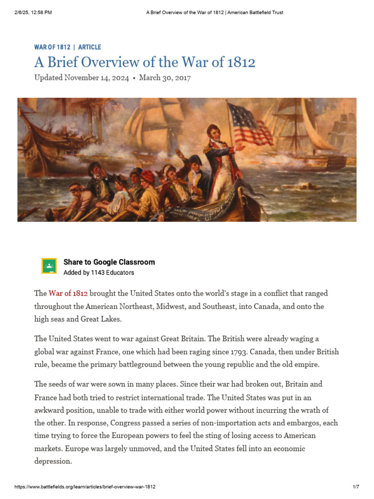 A Brief Overview of The War of 1812 - American Battlefield Trust | PDF ...