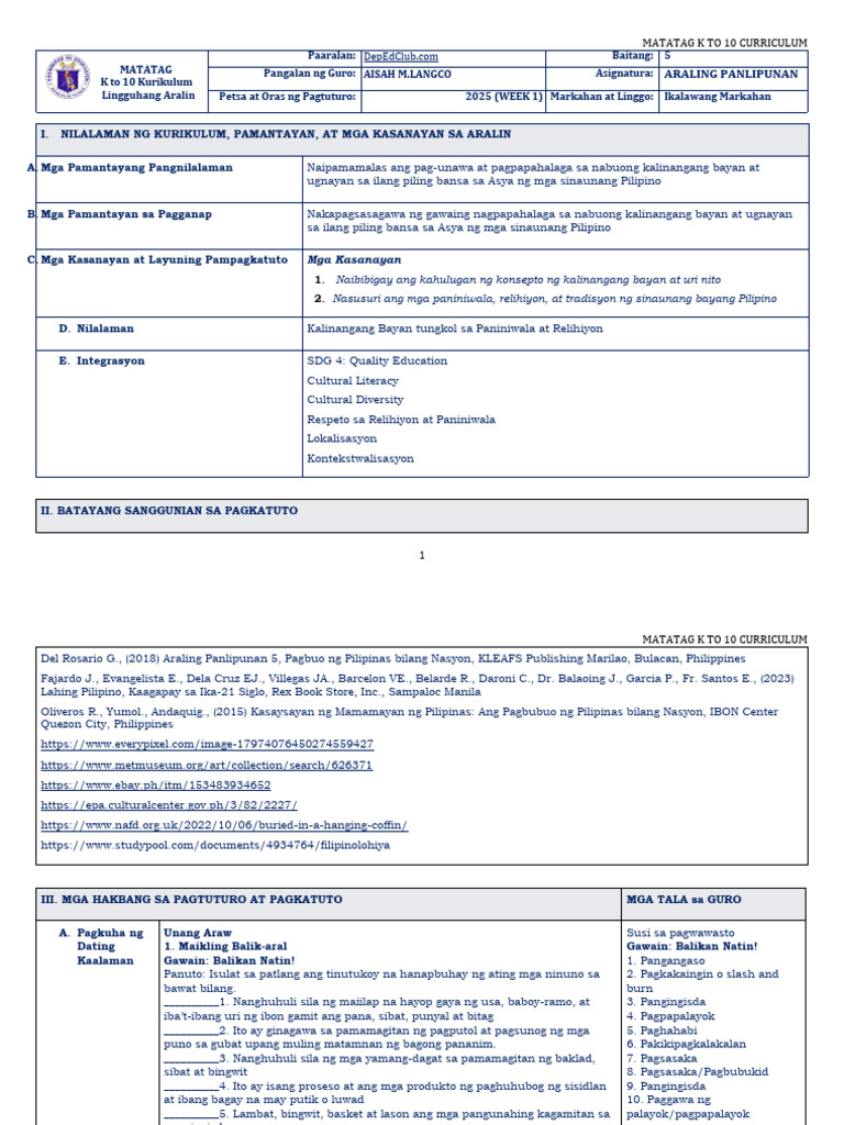DLL MATATAG - AP 5 Q2 W1 Worksheet | PDF