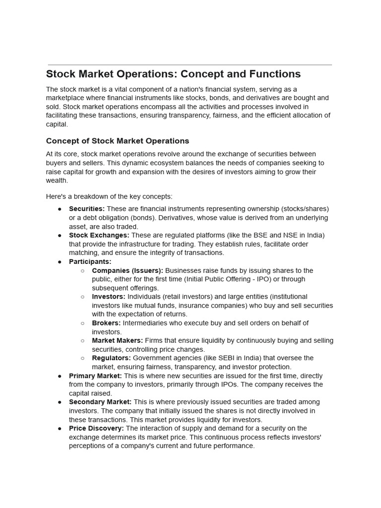 Stock Market Operations Explained | PDF | Stocks | Securities (Finance)