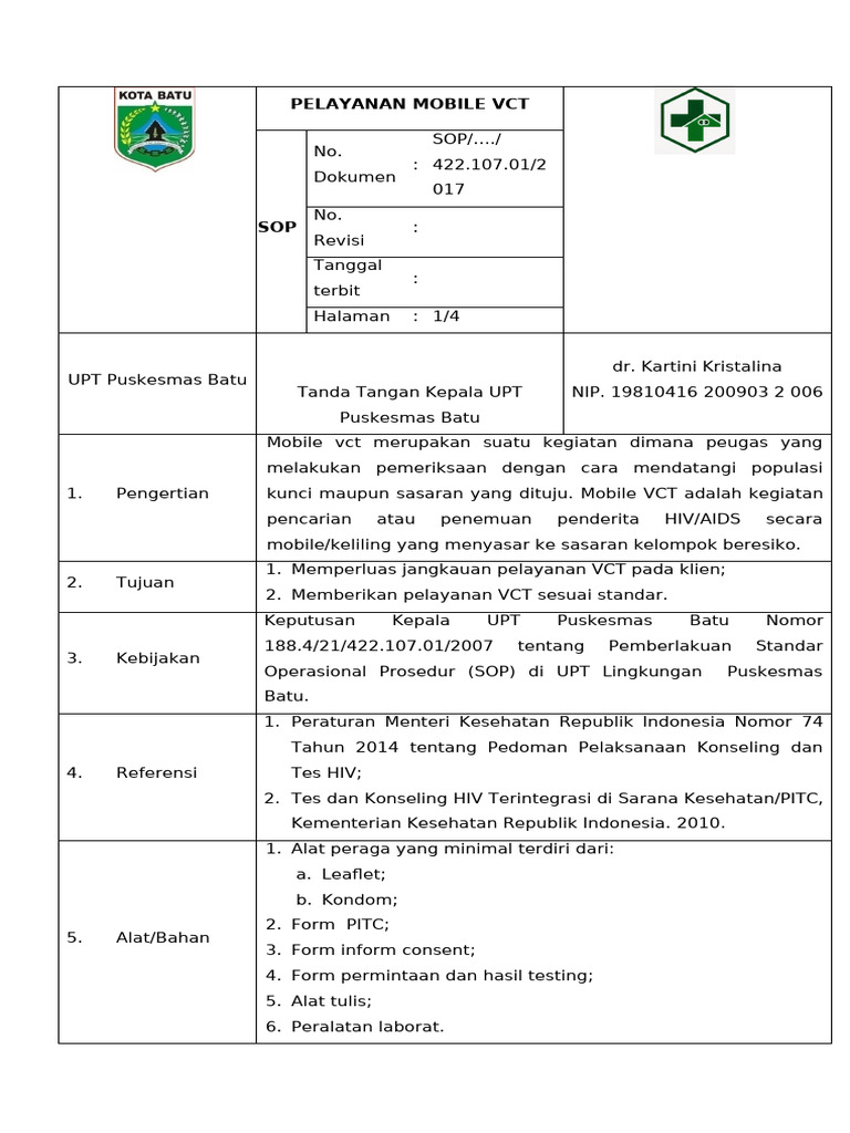 SOP Pelayanan Mobile VCT Puskesmas Batu | PDF