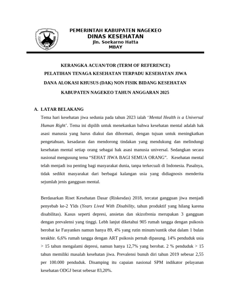 TOR Pelatihan Tenaga Kesehatan Terpadu Kesehatan Jiwa (2025) | PDF