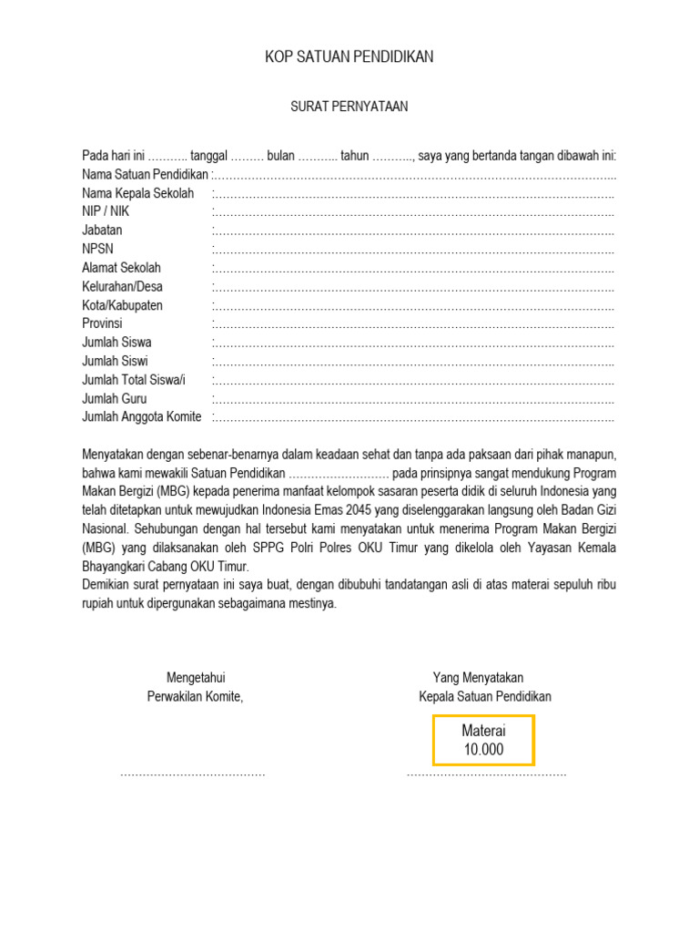 Surat Pernyataan Penerima Manfaat MBG | PDF