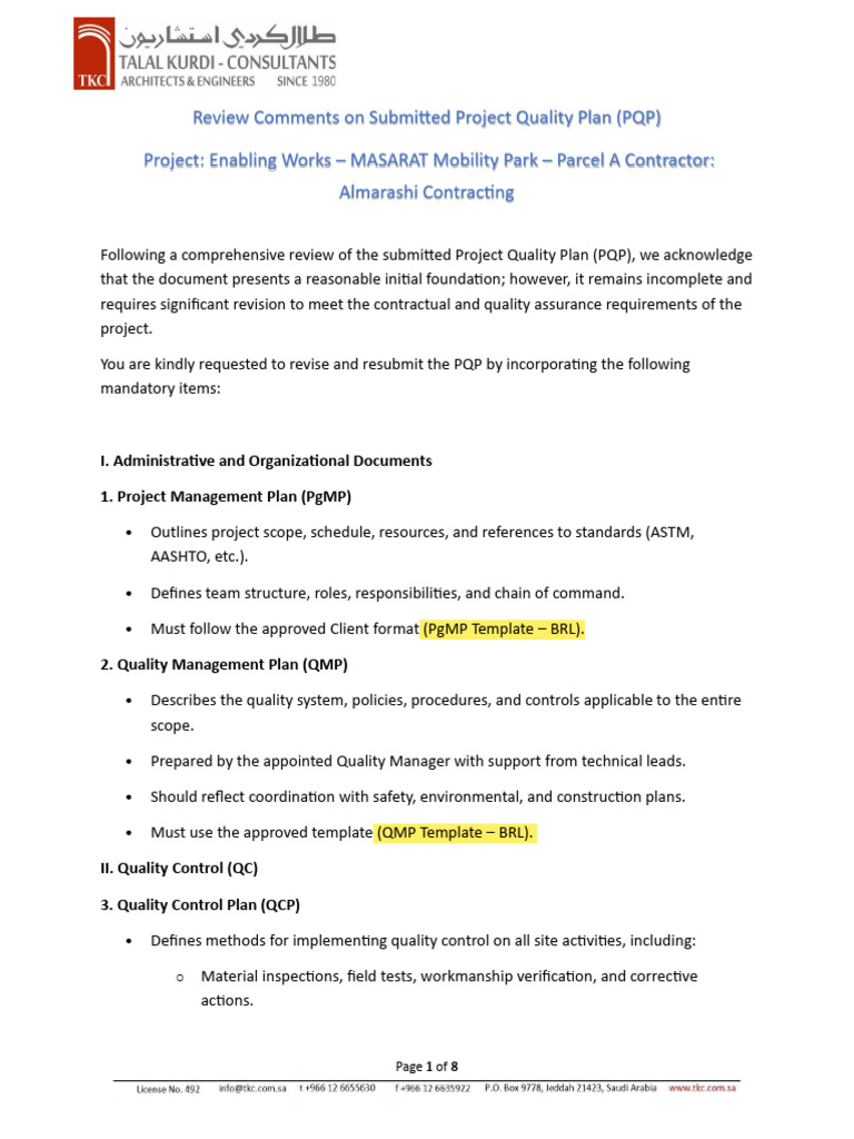Review Comments On Submitted Project Quality Plan | PDF | Quality ...