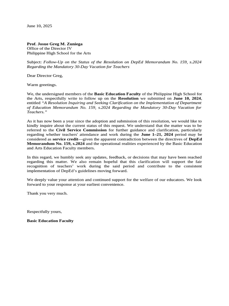 Status Update on DepEd Memo 159 for Teachers | PDF