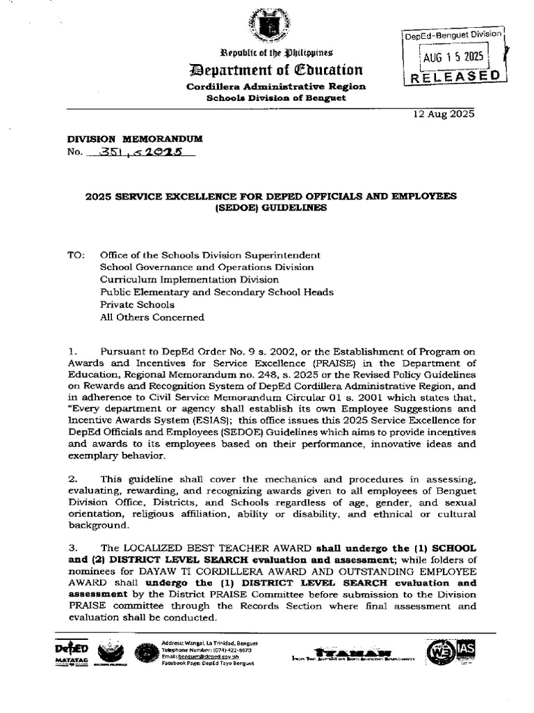 SDO Memo No. 351, S. 2025 | PDF