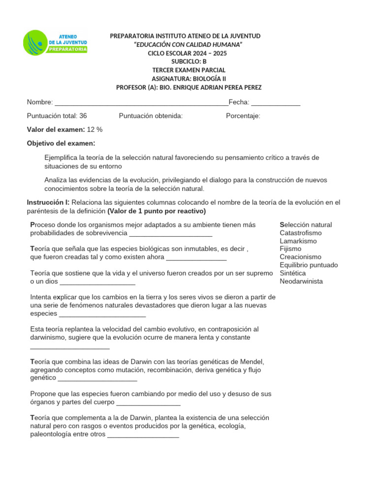 Examen de Biología II: Selección Natural | PDF | Evolución | Seleccion ...