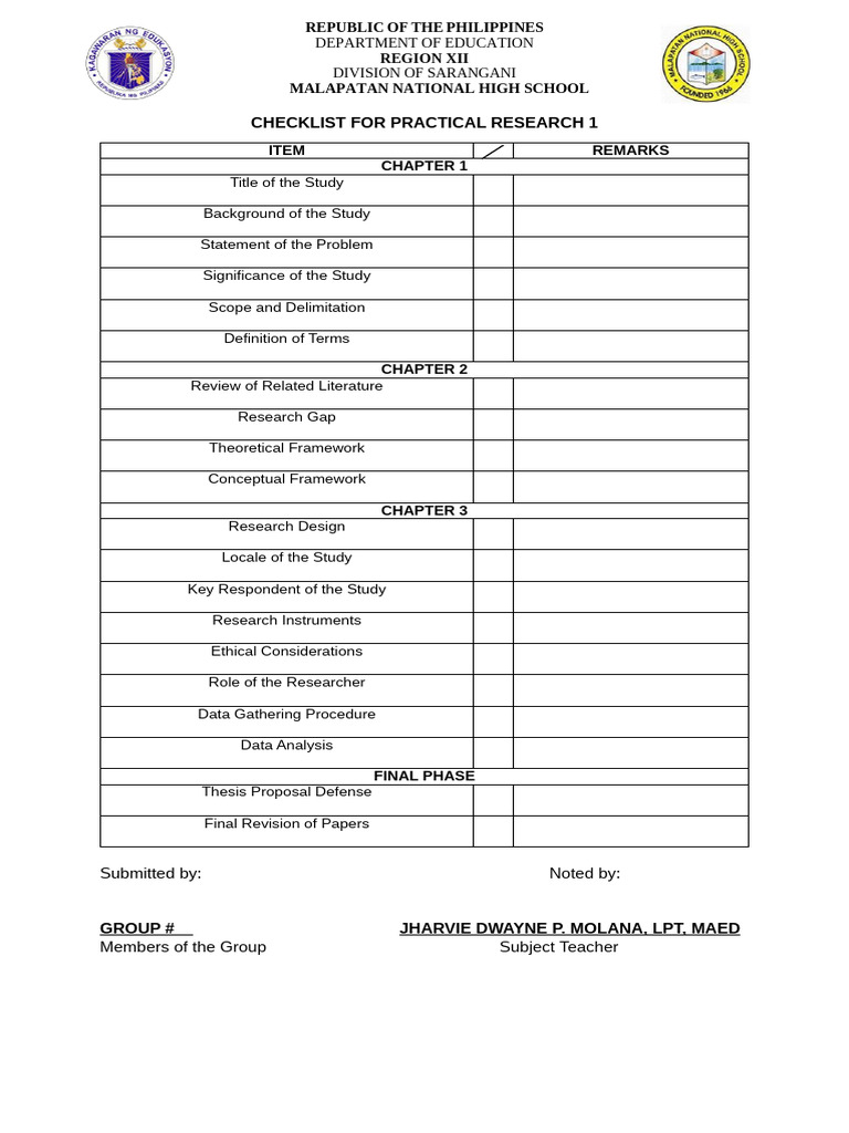Practical Research 1 Checklist Guide | PDF